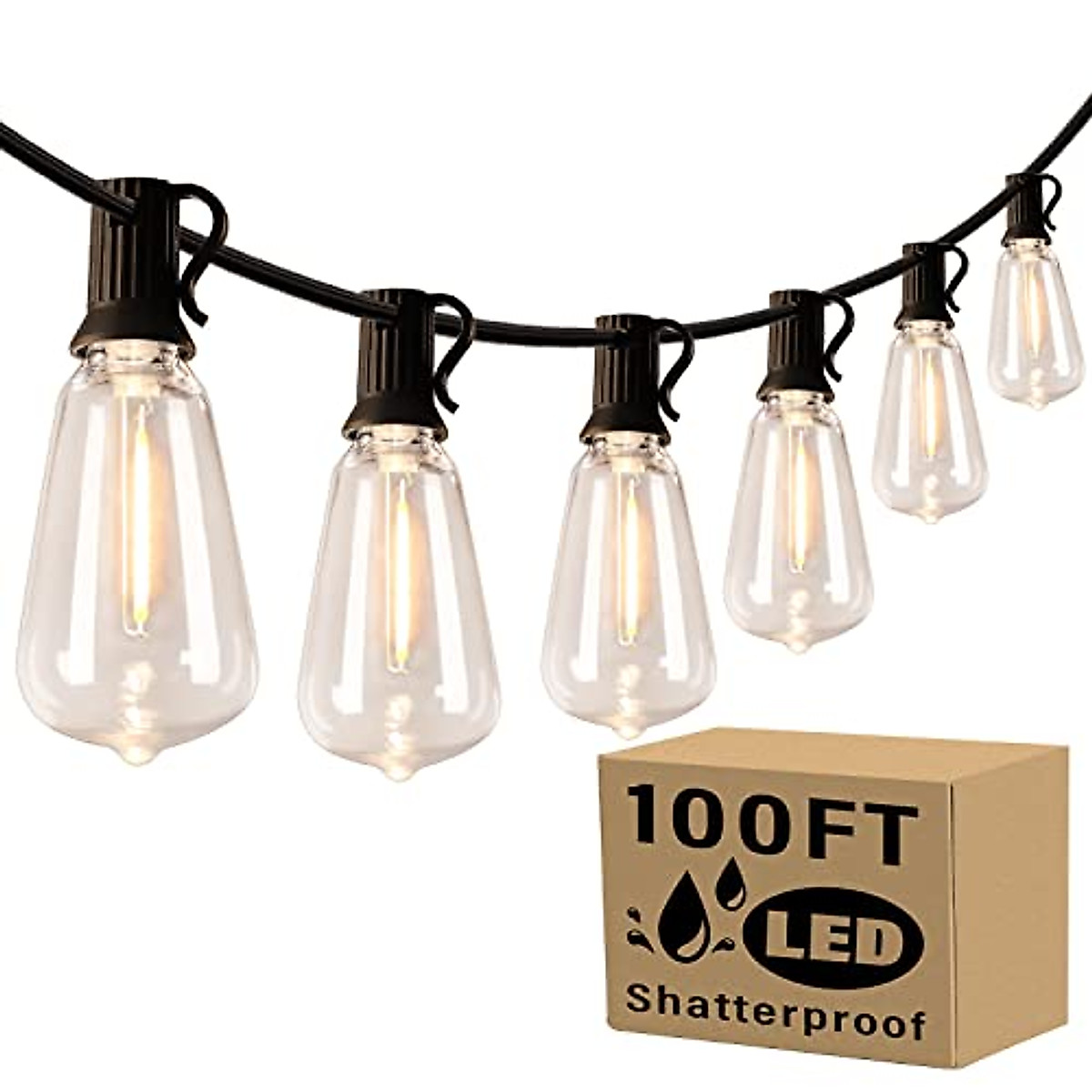 Sucolite 100FT Outdoor String Lights for Patio Waterproof Connectable ST38 LED Light String with 50+2 Vintage Edison Bulbs Dimmable Shatterproof Outside Hanging Lights Backyard Balcony Gazebo Bistro