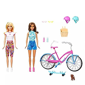 Barbie Outdoor Bike Playset Bundle Blonde and Brunette Doll with Puppy Summer Fun Set