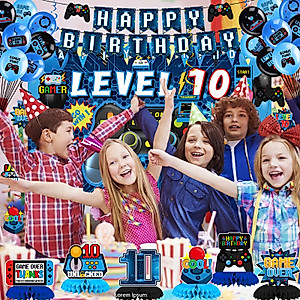 Vlipoeasn Video Game 10th Birthday Decorations for Boys, Blue Level 10 Banner Backdrop Honeycomb Centerpieces Hanging Swirls for 10th Birthday Party, Gamer 10 Years Old Party Supplies