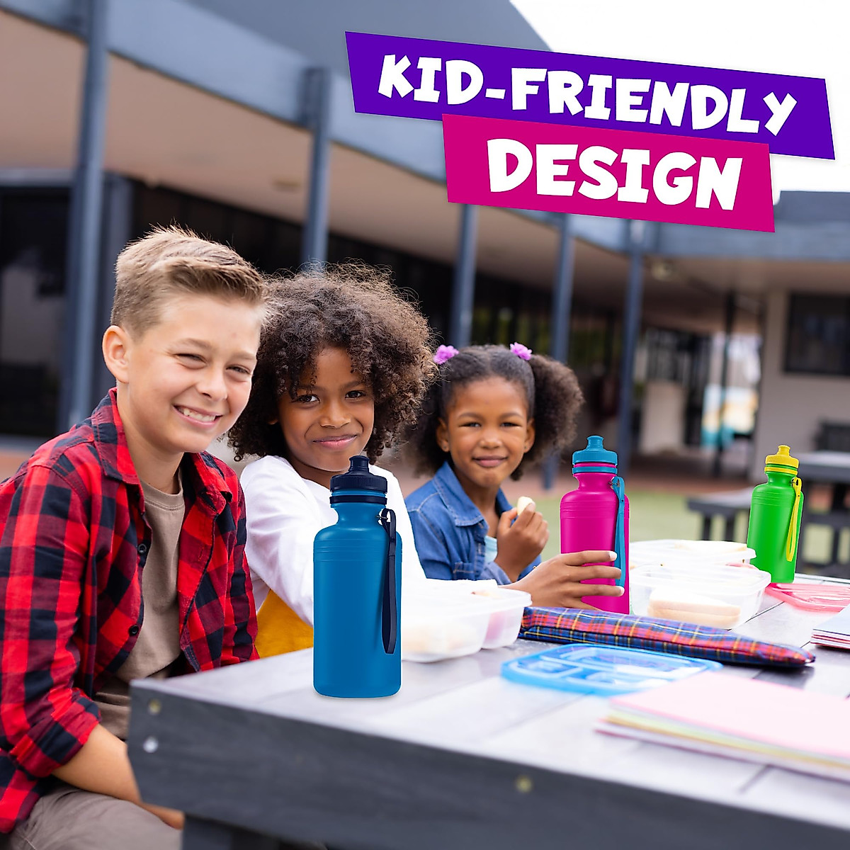 Bedwina Bulk Water Bottles For Kids - (pack Of 12) 18 Oz - 7.5 Inch BPA-Free Plastic with Pop-up Tops & Handles for Sports, Summer, Reusable Water Bottles Bulk For School