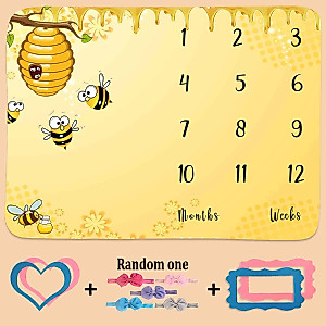 PHMOJEN Baby Age Milestone Blanket, Bee Honeycomb Blanket for Nursery, Baby 1-12 Months Growth Chart, Includes 4 Frame and 1 Headband 47"x40" BTQQPH33