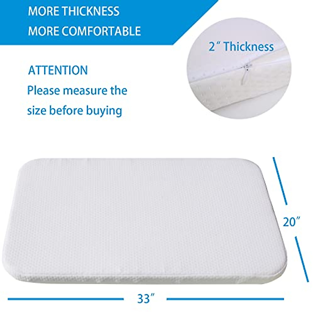 Mecc ecoh Rectangle Baby Bassinet Mattress, 100% Breathable Cover, 2" Thick, Fit for Baby Delight/KoolerThings/ANGELBLISS/YADAQE/Jimglo/BCOL/BabyBond/MMBABY/Mika Micky Bedside Sleeper, 33"x20"
