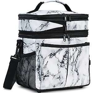 Large Insulated Lunch Bag Women Men Dual Compartment Reusable Lunch Box Soft Portable Leakproof Cooler Bag with Removable Adjustable Shoulder Strap (Marble)