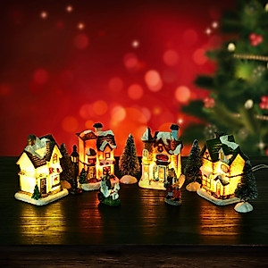 ELECLAND 12Pcs Christmas Village Sets, Christmas Village Houses with Bottle Brush Trees Christmas Figurines, Mini Christmas Trees Christmas Village Accessories for Christmas Home Decorations