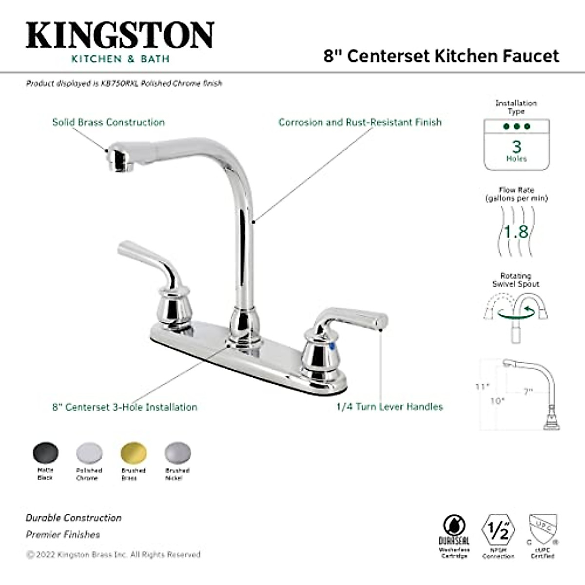 Kingston Brass KB750RXL Restoration 8-Inch Centerset Kitchen Faucet, Polished Chrome
