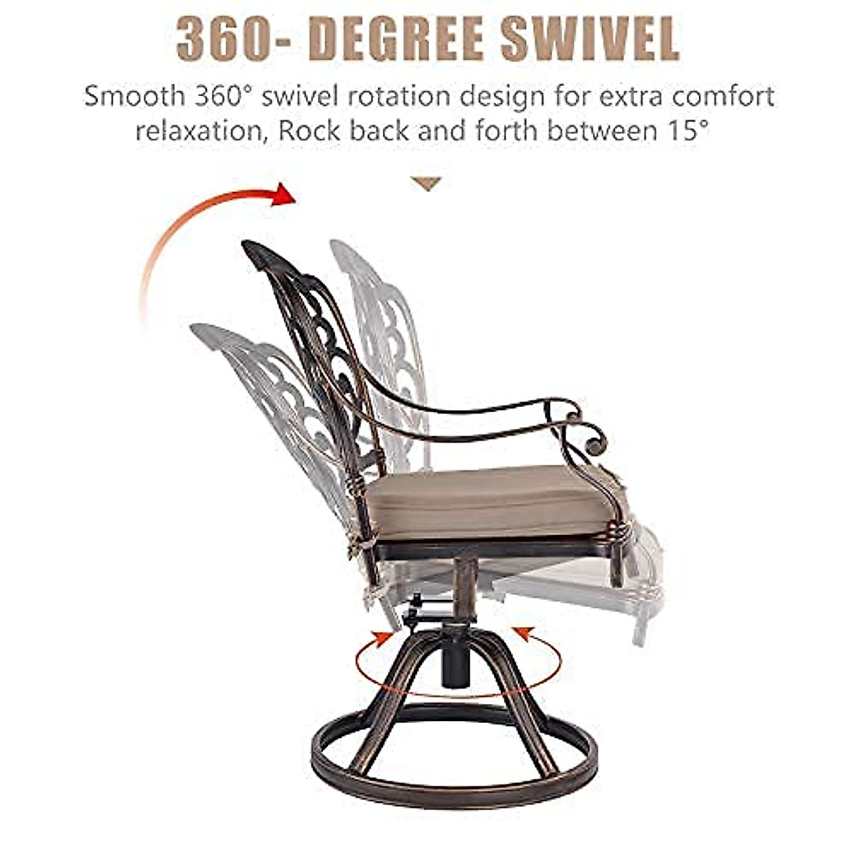 Grepatio 2 Piece Outdoor Patio Swivel Dining Chairs with Cushions, High Back Cast Aluminum Frame, Weather Resistant Metal Furniture for Lawn Garden Backyard (Swivel Rocker Chairs with Khaki Cushions)