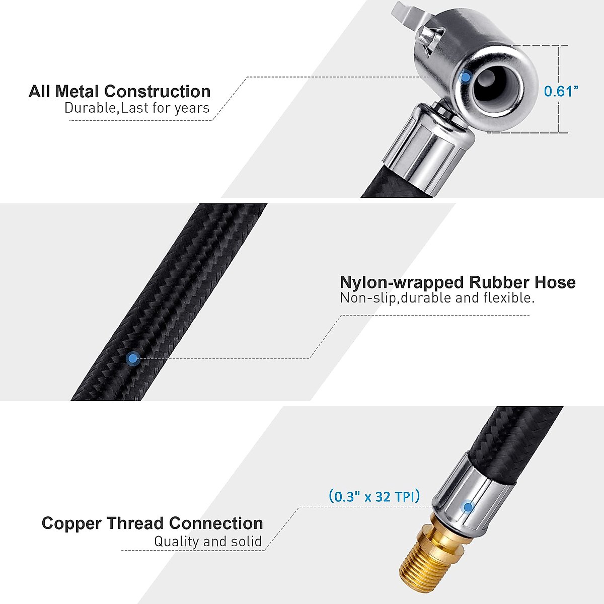 LUMITECO 20 Inch Lengthened Tire Inflator Hose Adapter for Screw Twist On Convert to Lock On Connection, Lock On Air Chuck with Air Hose and Tire Schrader Valve Fine Thread
