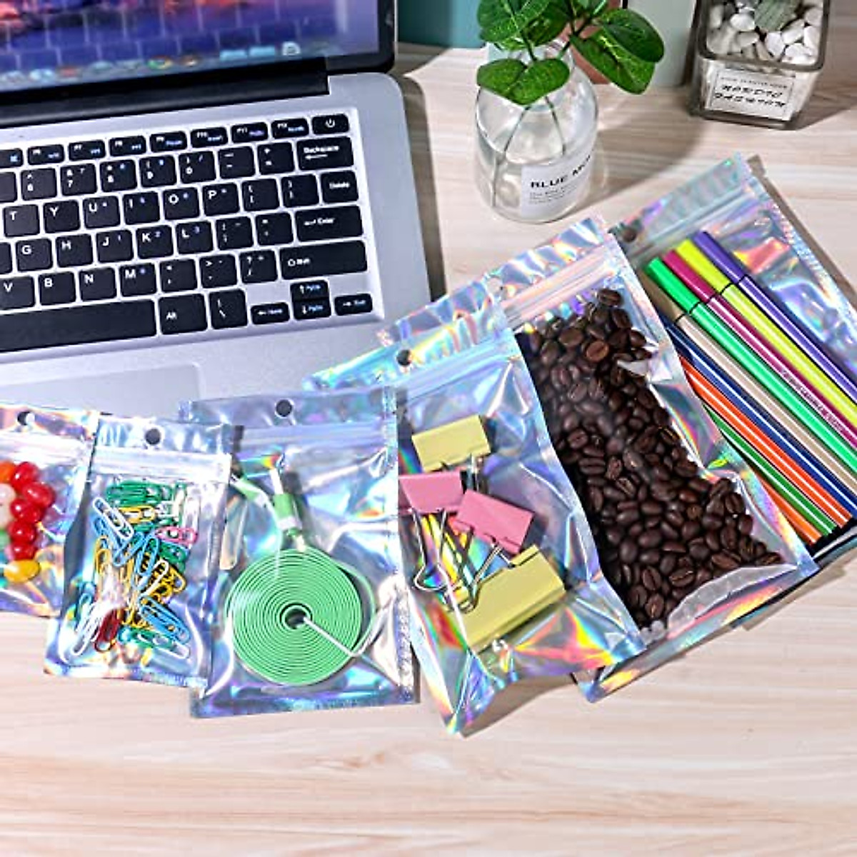 200 Pack Resealable Mylar Bags Smell Proof Pouch Aluminum Foil Packaging Plastic Ziplock Bag,Food Safe Small Mylar Storage Bags For Candy,Jewelry,Screw,2.8x3.9inch(Holographic Rainbow Color)