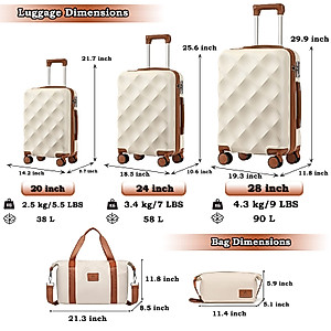 Somago- Hardshell Lightweight ABS Travel Luggage 20’’+24’’+28’’ Sets Suitcase with TSA Lock& 8 silent Swivel Wheels, Diamond Pattern Surface and YKK Zipper With 2 pcs Bags (Beige)