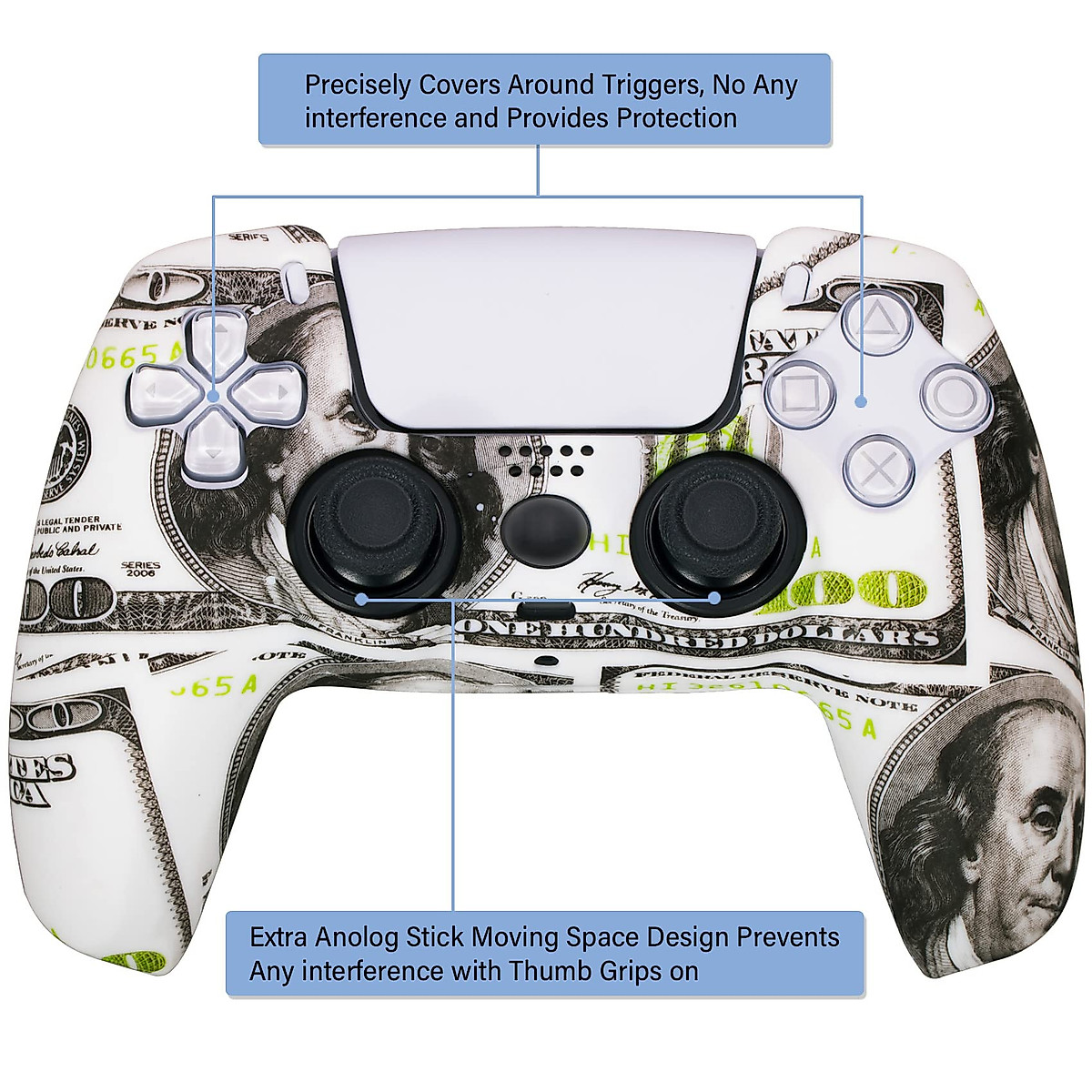 YoRHa Water Transfer Printing Silicone Thickened Cover Skin Case for PS5 Controller x 1(US Dollars) with Thumb Grips x 10