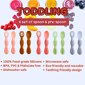 Toddling Silicone Baby Spoon Set, Infant Spoon 3-12 Months, Self-feeding Spoon, Dishwasher and Microwave Safe, First Stage Baby Led Weaning Spoon, Set of 2 (Spoon & Pre-spoon) (Sage), 2.5x11