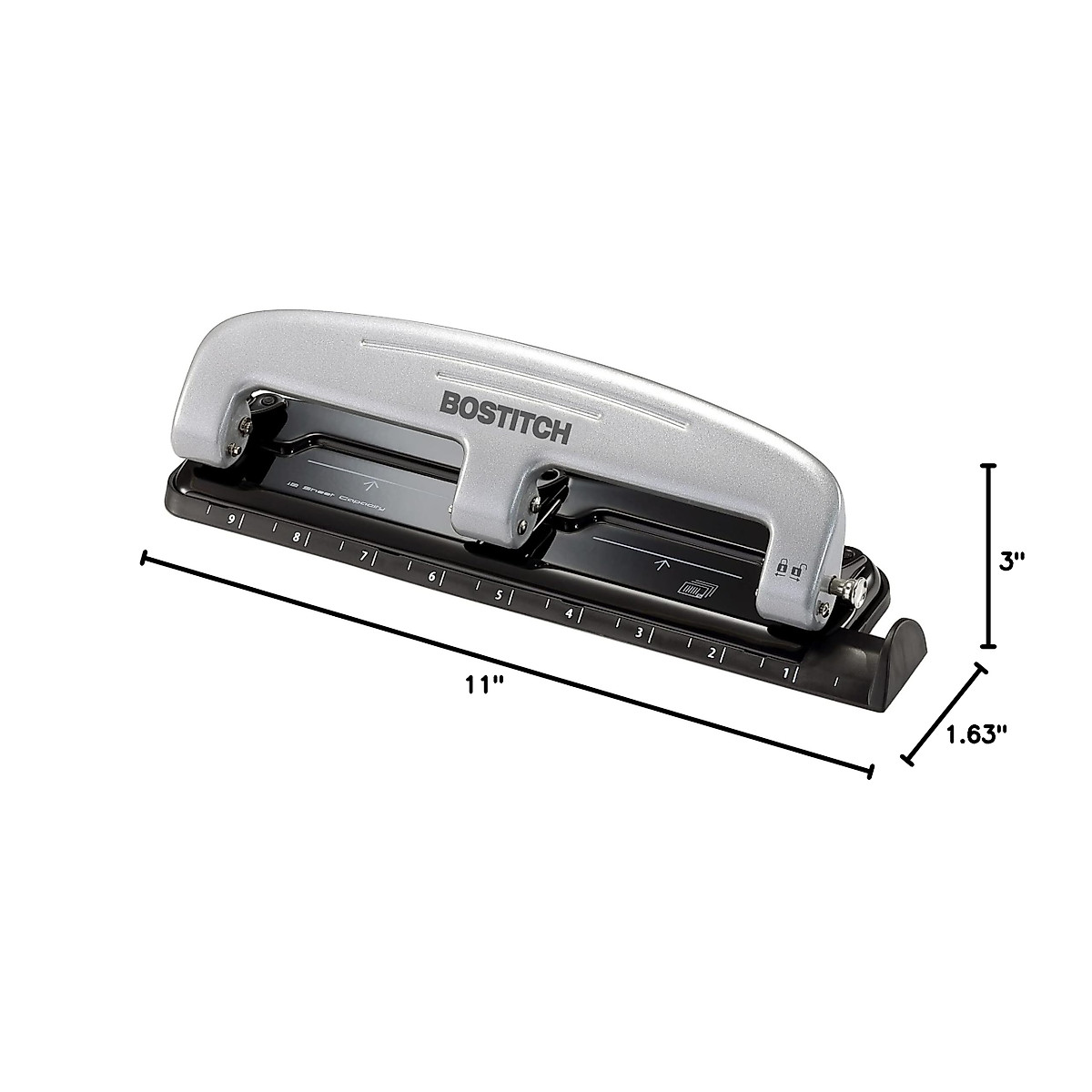 Bostitch Office Three-Hole Punch, Silver/Black (2101), 12 Sheet Black