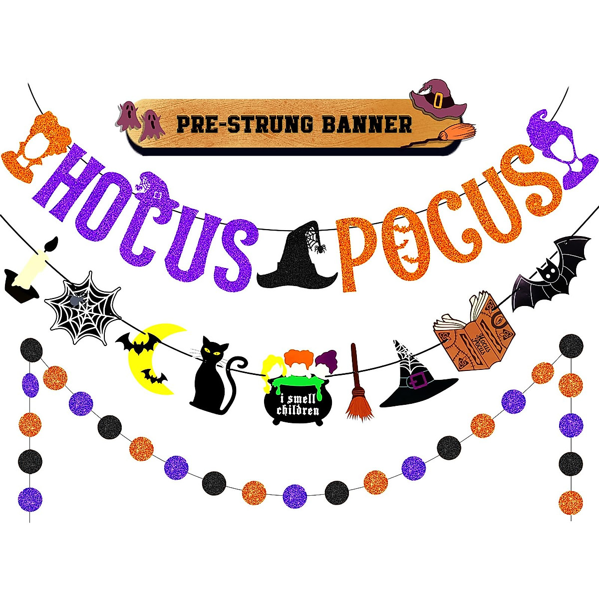 iPartycool Halloween Decorations-Hocus Pocus Decor, Glitter Hocus Pocus Banner, Hocus Pocus Party Decorations, Halloween Hanging Paper Garland Bunting Banner Witches for Wall Home Mantle Office Wall