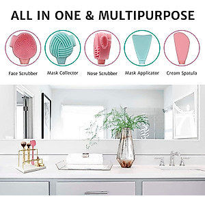 2 Pack Silicone Face Scrubber, 4 in 1 Facial Cleansing Brush, Handheld Face Wash Brush for Pore Cleansing, Gentle Exfoliating, Removing Blackhead, Blue and Pink