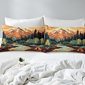 Mountain River Duvet Cover Set Queen Size,Retro Adventure Theme Comforter Cover 3Pcs,Nature Scenery Tent Bedding Set Kids Boys Girls Room Decor,Camping Bedspreads Cover,2 Pillowcases(NO Comforter)