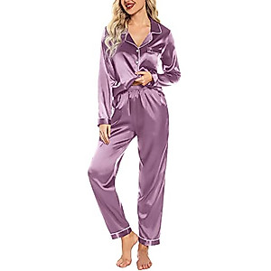 Senert Womens Silk Satin Pajamas Loungewear Two-piece Sleepwear Button-Down Pj Set Violet,X-Large