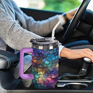 Mermaidess Dragon Scales 40 Oz Car Cup Stainless Steel Travel Mug Leak-Proof Insulated Tumbler with Handle Violet-style