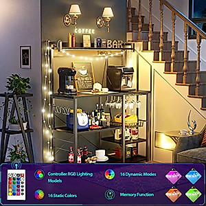 Topfurny Bakers Rack with Power Outlet, Microwave Stand, Kitchen Storage Shelf with Led Lights, Coffee Bar Station with Wine Glass Holder, Kitchen Rack for Spices, Pots, and Pans, Black