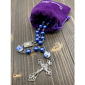 Nazareth Store Blue Pearl Beads Rosary White Flowers Beaded Necklace Lourdes Medal & Cross Crucifix