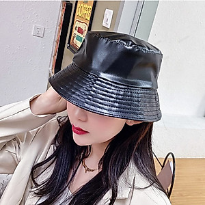Unisex Retro Fashion PU Leather Bucket Hat Reversible Solid Trendy Sun Hat for Men Women
