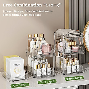 REALINN 3 Tier Clear Organizer with Dividers for Counter/Cabinet, Pull-Out Storage Container - Bathroom, Vanity Makeup, Kitchen, Pantry Organizer