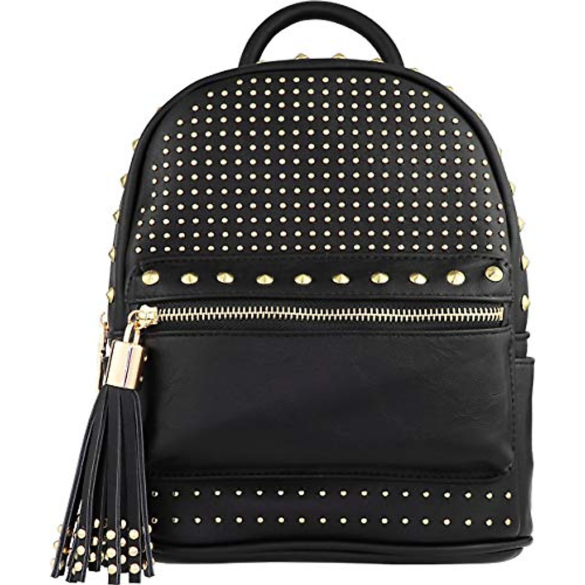 B BRENTANO Vegan Studded Multi-Zipper Top Handle Mini Backpack with Tassel Accents (Studded Black)