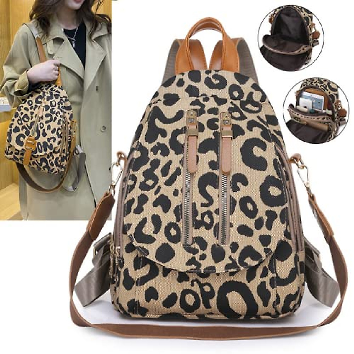 Tekzitfuir Women's Leopard Backpack Water Resistant Travel Bag Student Anti-theft Daypack Teen Girls Satchel Bag Daypack (2 zipper)