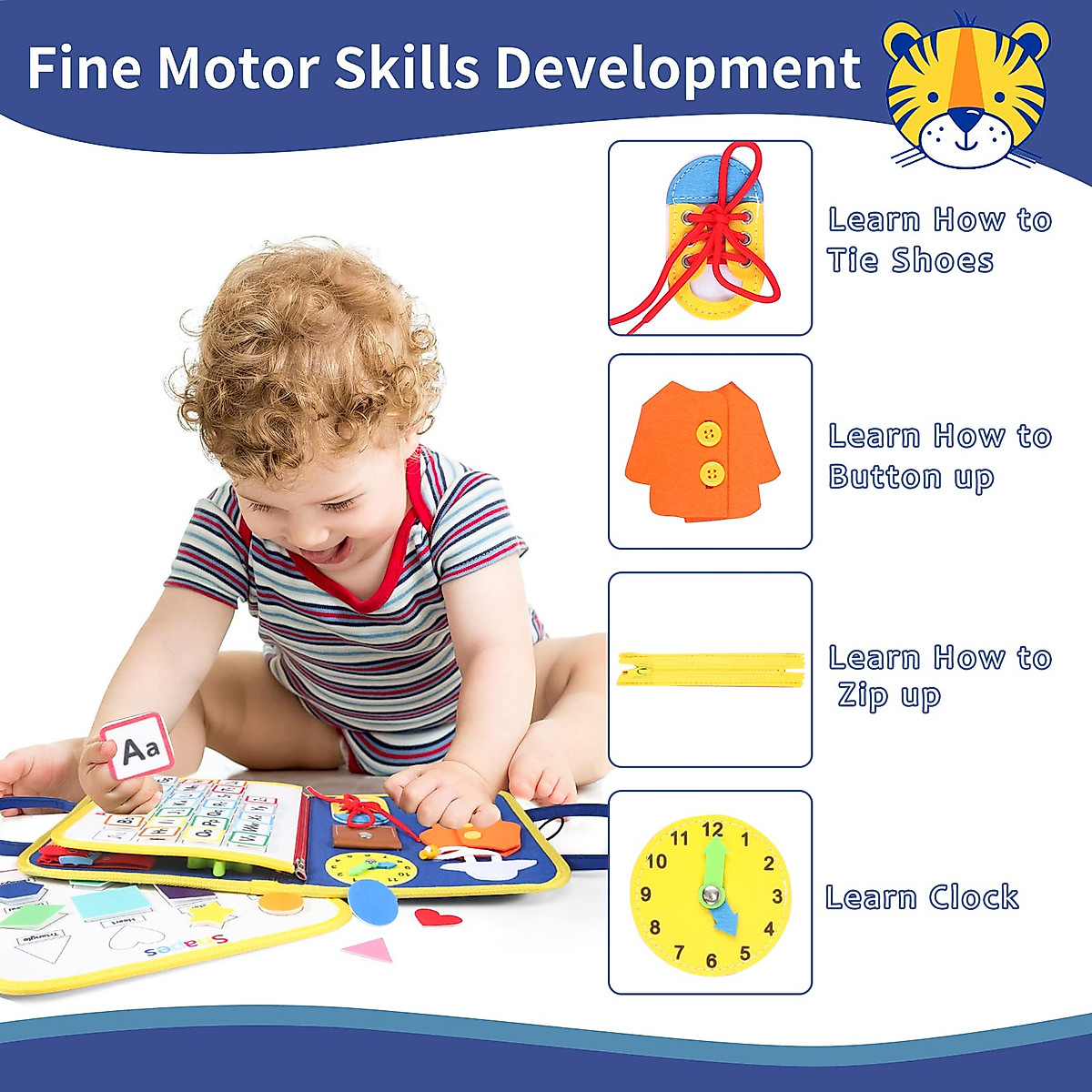 Busy Board for 1 2 3 4 Year Old Toddlers - Preschool Learning Activities Busy Book, Montessori Toys for Fine Motor Skills, Airplane Car Travel Essentials for Kids Boys Girls (Blue)