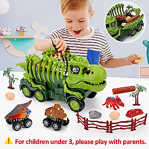 Dinosaur Trucks Toys for 2+ 3 4 5 6 Year Old Boys Birthday Gift Transport Carrier Car Vehicles Toddlers 3-5 with Sound Light, Dino Figure& Eggs Monster Truck Game Dinosaur Play Set for Kids 4-6 Girls