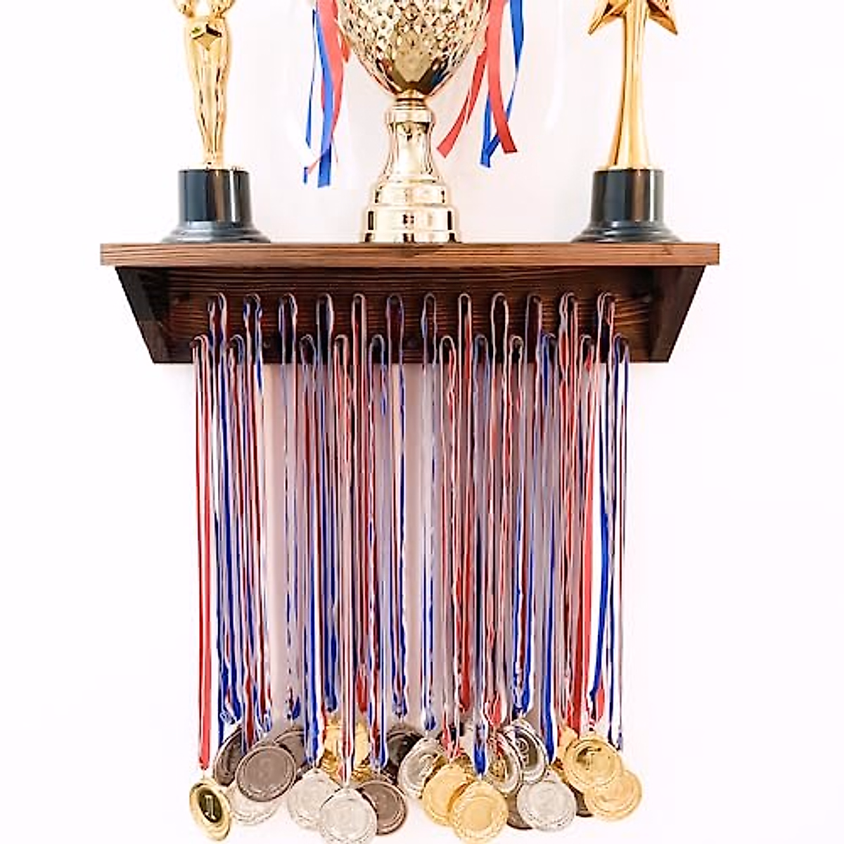 Athwana Premium Wooden Medal Display with Reinforced Shelf & Wooden Hooks I Easy Install I More Hooks & Extra Wide Shelf