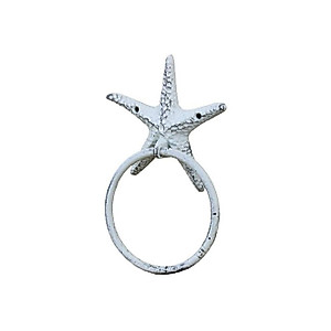 Handcrafted Nautical Decor Rustic Whitewashed Cast Iron Starfish Towel Holder 8.5" - Decorative Starfish -