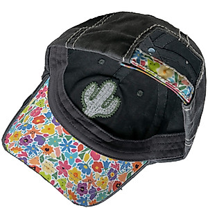 Funky Junque Distressed Baseball Cap Vintage Dad Hat - Cactus (Black)