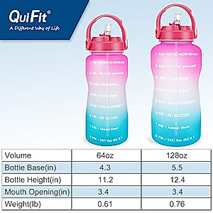 QuiFit Motivational Gallon Water Bottle - with Straw & Time Marker BPA Free 128/64 oz Large Water Jug Leak-Proof Durable for Fitness Outdoor Enthusiasts(Pink/Blue, 64 oz)