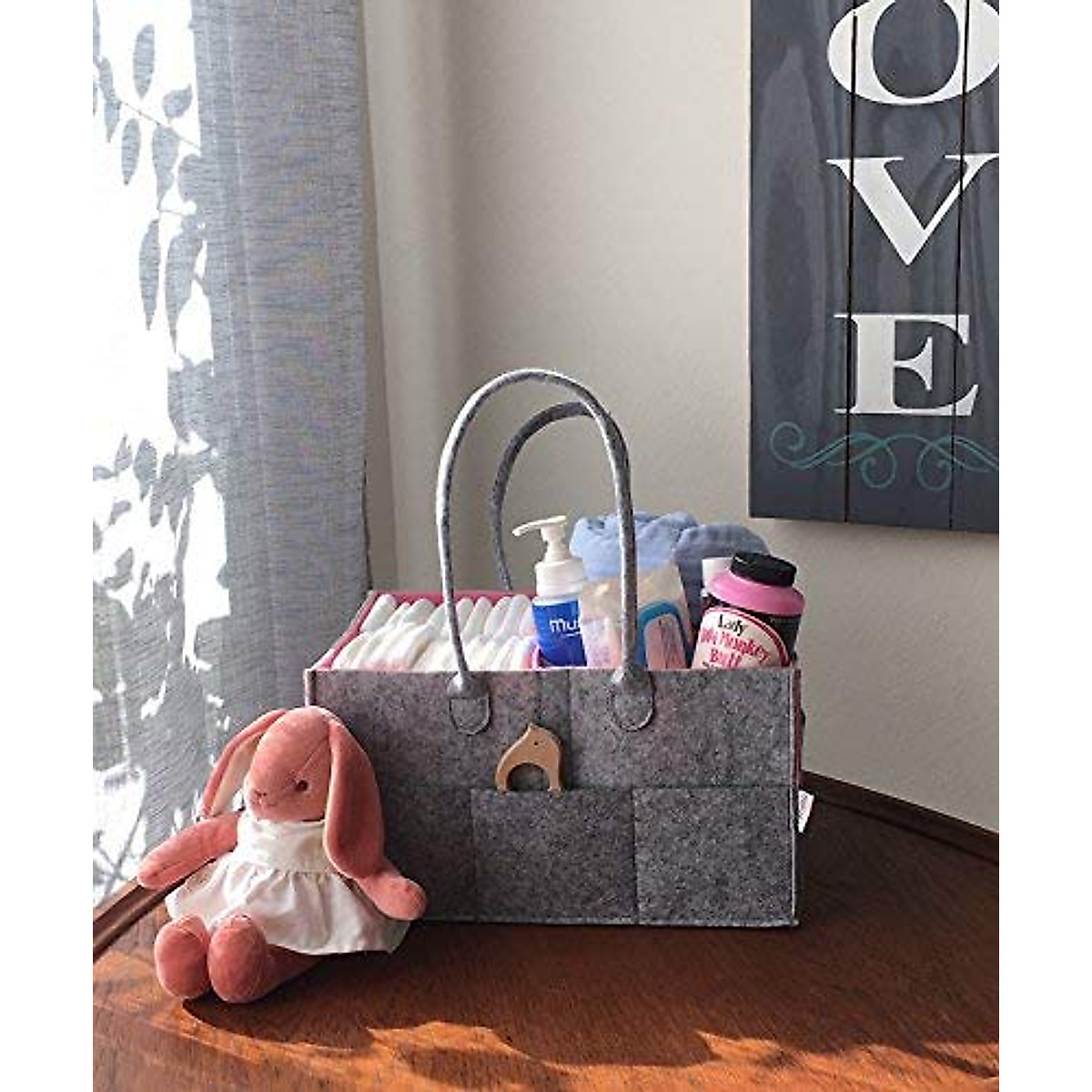 Baby Diaper Caddy | 13X9X7 | Nursery Storage and Car Organizer for Diapers and Wipes | Grey with Pink Removable Dividers