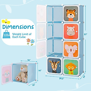 HONEY JOY Kids Wardrobe Closet, Baby Cartoon Clothes Storage Organizer, 8 Cubes & 2 Hanging Sections, Portable Children DIY Modular Bedroom Armoire Dresser Cabinet for Boys Girls (Blue, 8-Cube)