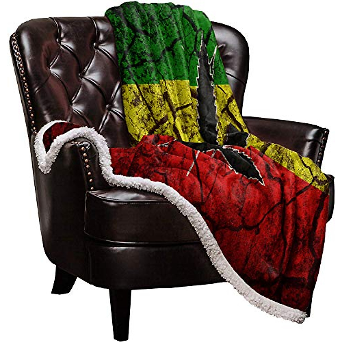Rasta Flag Sherpa Flannel Throw Blankets Thick Reversible Plush Fleece Blanket for Bed Couch Sofa Decor Leaf on Crack Soil Texture,Ultra Soft Comfy Warm Fuzzy TV Blanket 40x50Inch