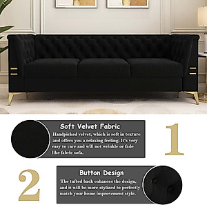 Tomkate Chesterfield Sofa, 82" Velvet Upholstered 3 Seater Couches with Flared Arms and Removable Cushions, Mid-Century Modern Sofa Couch with Solid Wood Frame and Gold Legs for Living Room (Black)