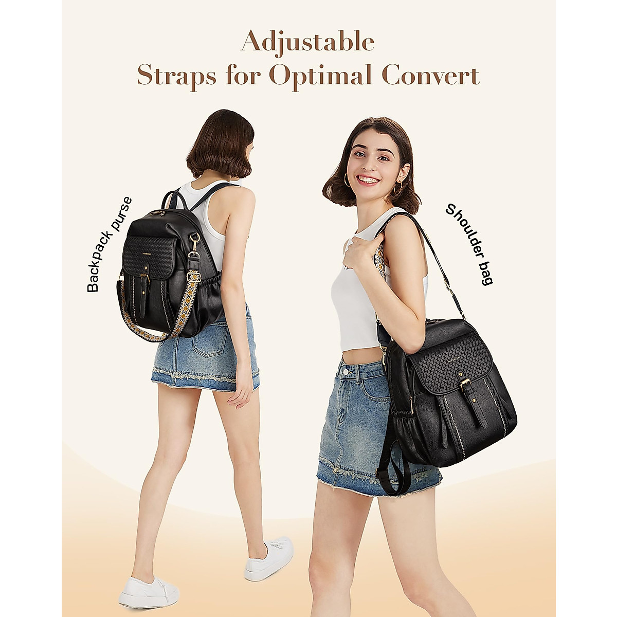 Missnine Leather Backpack Purse for Women, Anti-theft Backpack, Convertible Shoulder Bag with Secured Zippers for Travel Work, Black