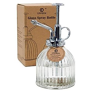 OFFIDIX Glass Spray Bottle for Plants, 6.3" Tall Vintage Style Spritzer with Bronze Plastic Silver Color Top Pump Glass Watering Can for Pet Clearing (Transparent)