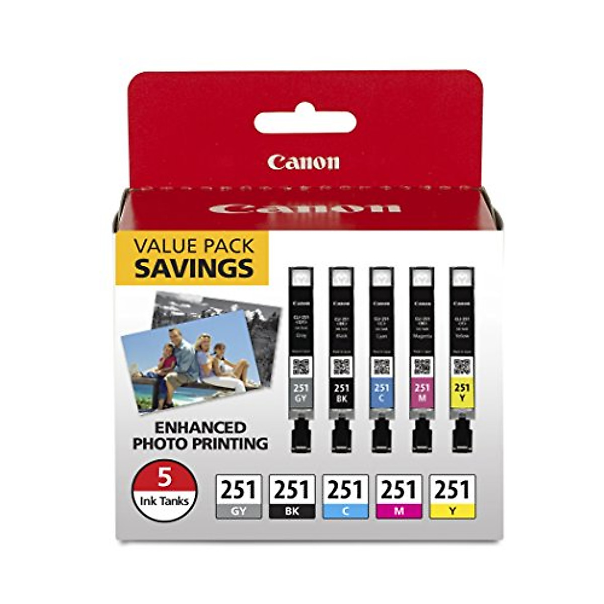 Canon CLI-251 BK/C/M/Y/GY 5 Color Value Pack Compatible to MG7520, MG5620, MG6620 & PGI-250XL High-Yield Black Ink Tank