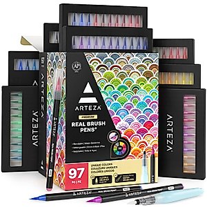 ARTEZA Real Brush Pens, 96 Watercolor Pens, Drawing Markers with Flexible Brush Tips, Watercolor Markers for Artists, and Beginners
