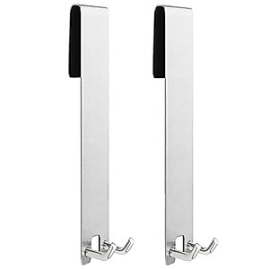BOSHAn 2Pcs Stainless Steel Long Hook,Hook Behind The Door,Simple No-Perforation Double Hook,Towel Coat Bathrobe Hook Rack,Suitable for Bathroom,Kitchen,Partition Door (2, Silver)
