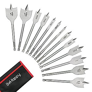 BeHappy 13 Piece Spade Drill Bit Set, Wood Drill Bit Set, Paddle Flat Bit Sets for Woodworking, Carbon Steel Paddle Flat Bit with Quick Change Shank, Nylon Storage Pouch Included, 1/4" to 1-1/2"
