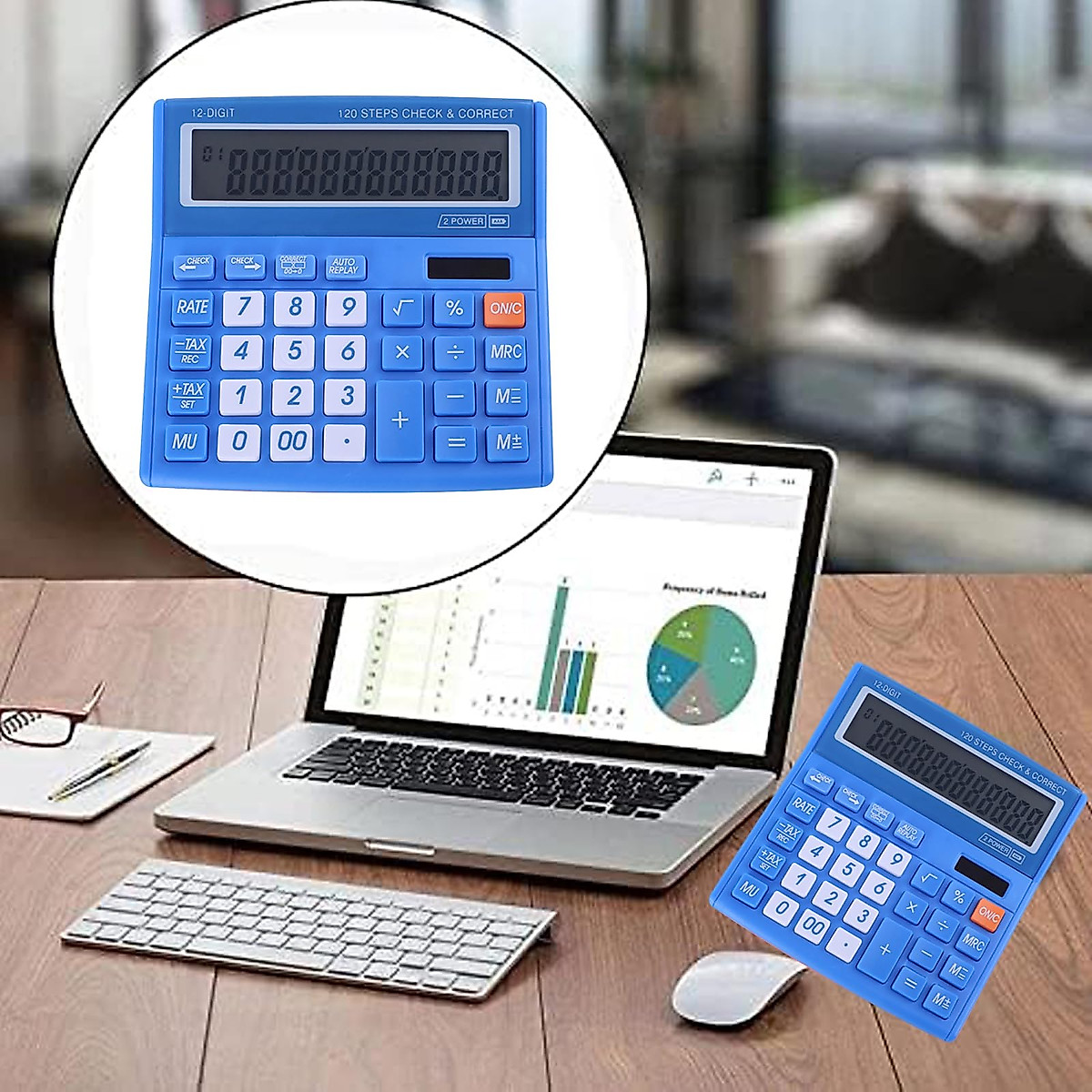 Office Desk Calculator 12 Digits with Solar Power and Easy to Read HD LCD Display, Big Buttons, for Financial Affairs,Home, Office, School, Class and Business,with Battery,Blue