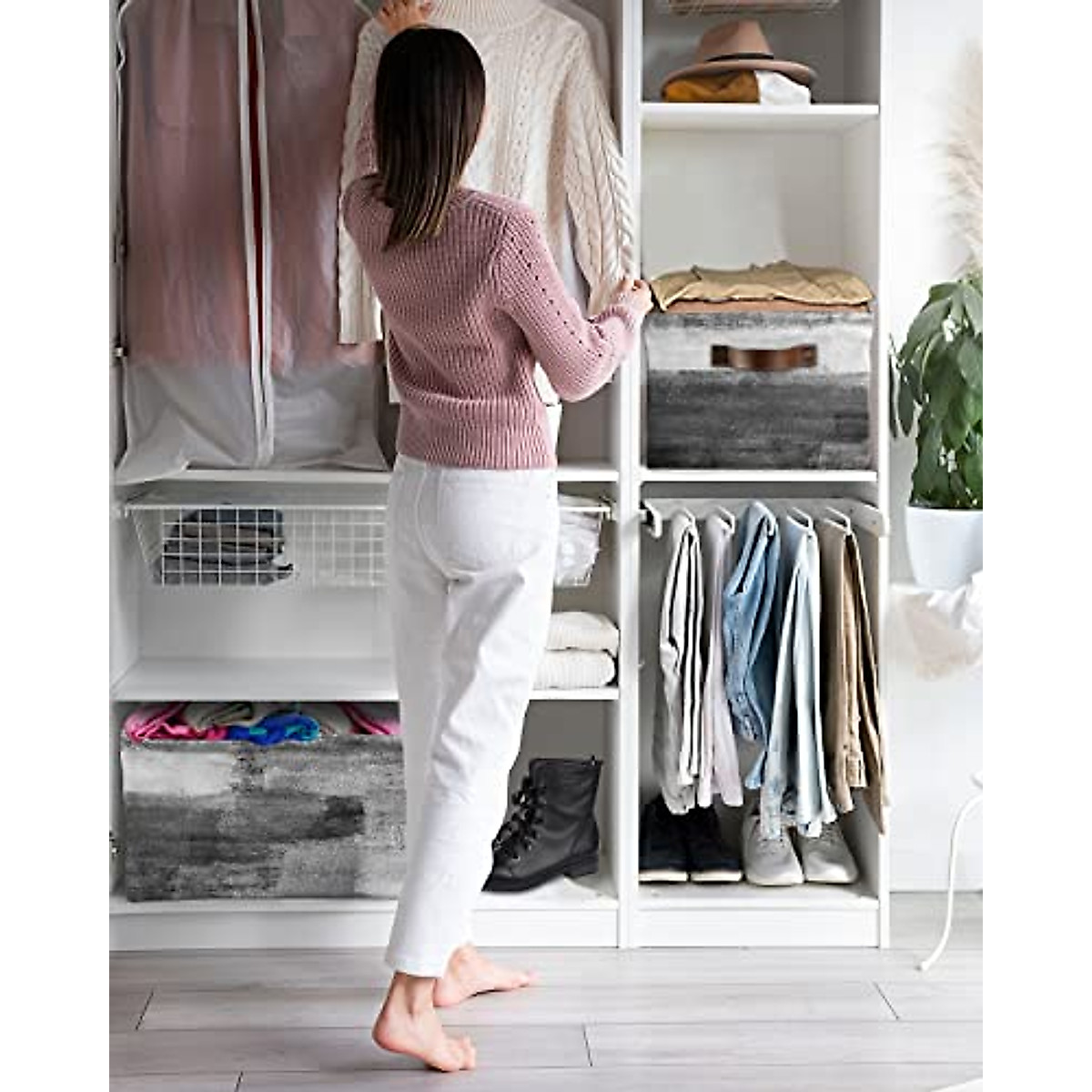 Oil Painting Abstract Storage Bins 2 Pack, Large Waterproof Storage Baskets for Shelves Closet, Geometric Black White Grey Storage Basket Foldable Storage Box Cube Storage Organizer with Handles