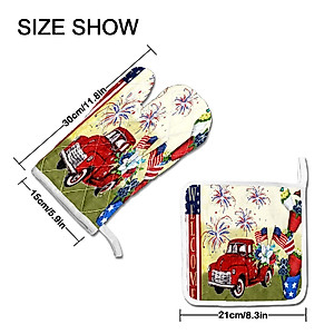 Oven Mitts and Pot Holders Kitchen Gloves Non Slip Oven Mitts and Hot Pads BBQ Gloves Oven Mitts and Hot Pads for Kitchen Cooking Baking Grilling Spring Patriotic Small Red Truck American Flag