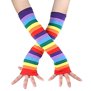 Chalier Womens Rainbow Striped Knee Thigh High Socks Arm Warmer Fingerless Gloves 2 Pairs(rainbow Set) One Size