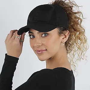 Ponyflo Active Ponytail Hat - Ponytail Caps for Women, Running Hat for Women, Curly Hair Ponytail Hat, Womens Ponytail Hats for Gym Black