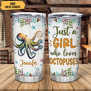 Hyturtle Personalized Gifts For Octopus Lover - Just A Girl Who Loves Octopuses Custom Name Stainless Steel Tumbler 20oz With Lid - Idea Ocean Animal Lover Gifts For Women Girl On Birthday, Christmas