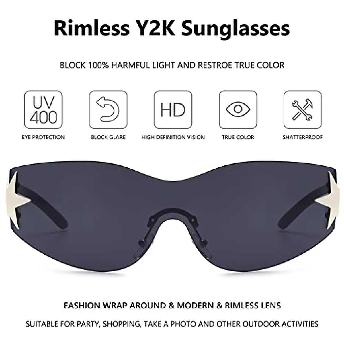 LIKSMU Rimless Y2K Sunglasses for Women Men Wrap Around Fashion Sunglasses Oversized Frameless 2000s Trendy Sun Glasses Black Lens and Black Frame